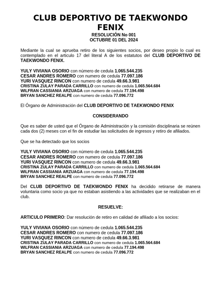 Asamblea Extraordinaria Club Fenix 2024 | PDF | Deportes | Taekwondo