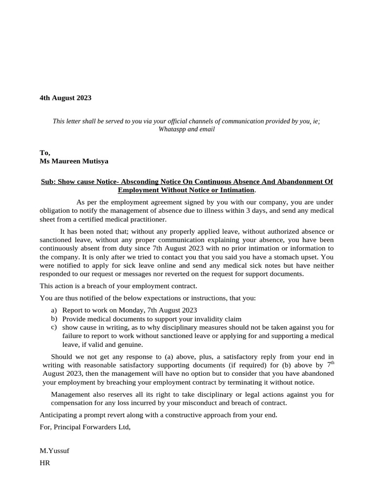 Absconding Letter Format | PDF