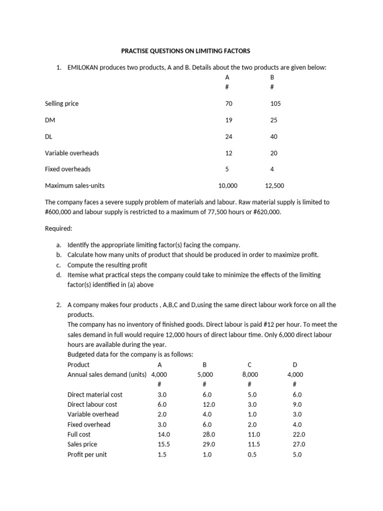 Limiting Factors Questions | PDF | Profit (Economics) | Cost
