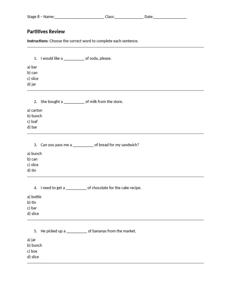 Partitives Review Exercise for Students | PDF | European Cuisine | Cooking