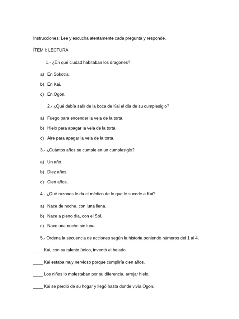 Prueba sobre "El viaje de Kai" | PDF