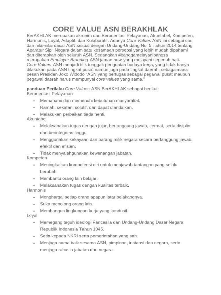 Core Value Asn Berakhlak | PDF