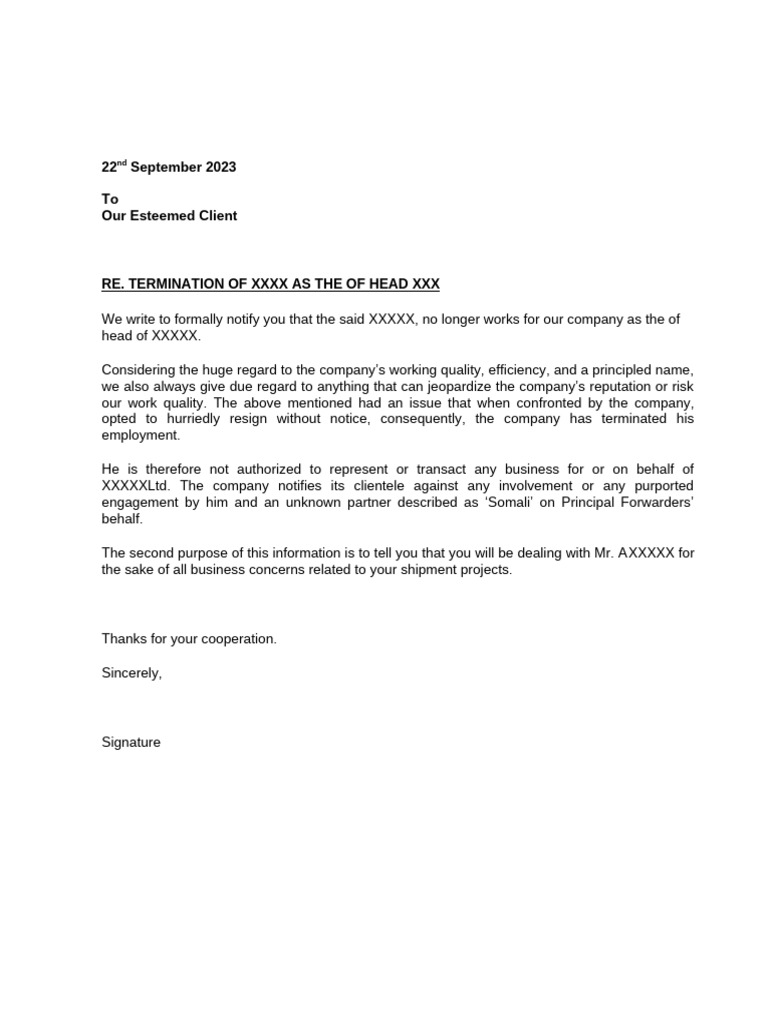 Letter Informing Customers About An Employee's Termination | PDF