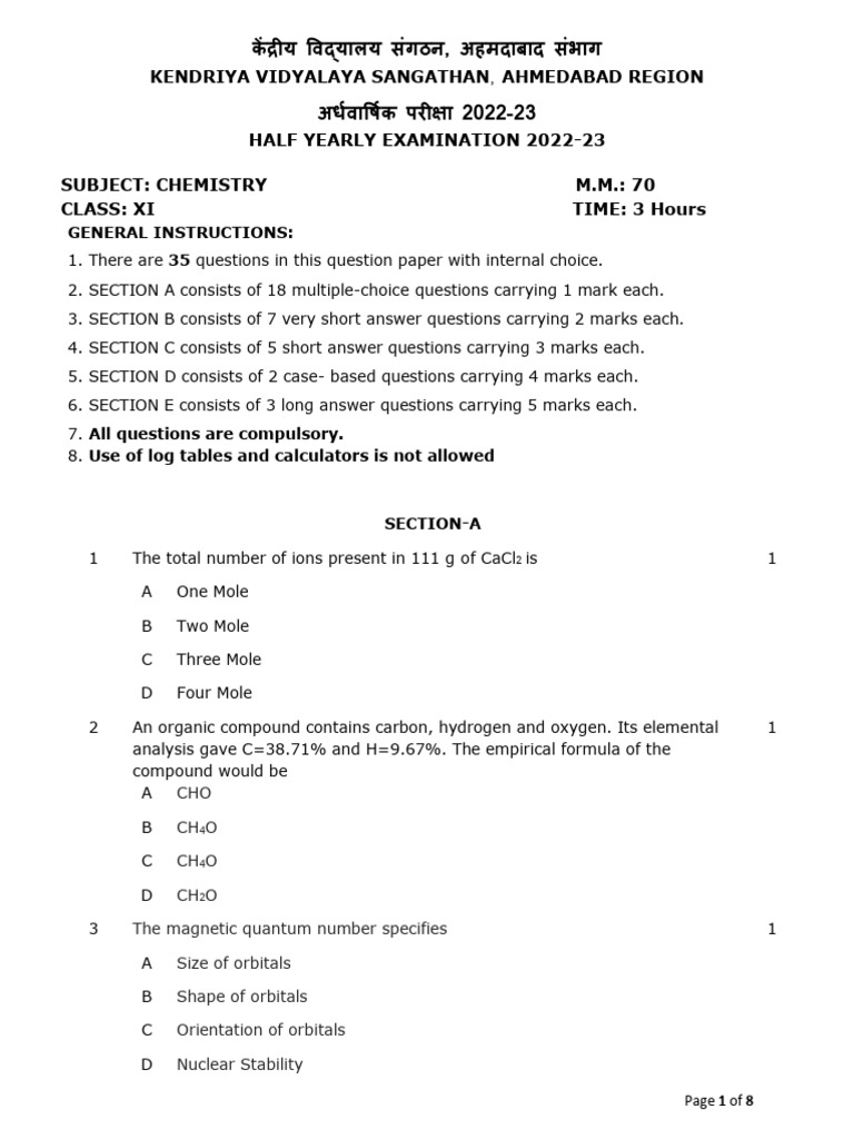 QP Class Xi Chem | PDF | Chemical Equilibrium | Atomic Orbital