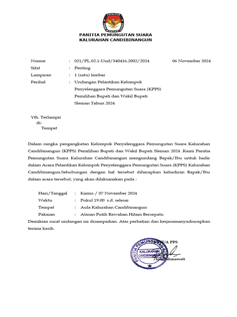 Undangan Pelantikan KPPS PILKADA | PDF