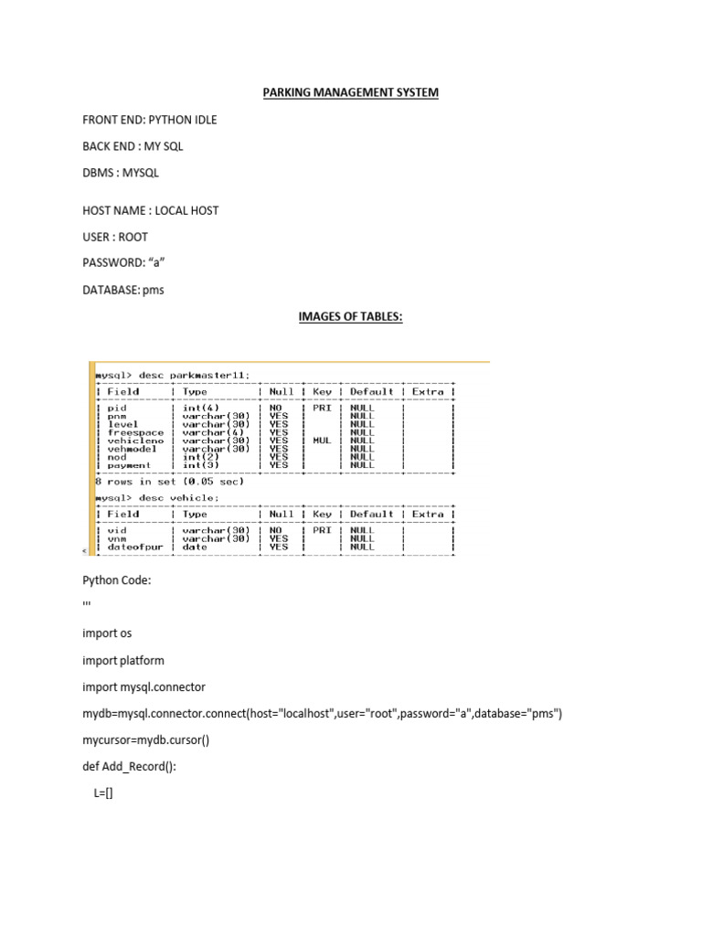 Project On Parking Management System - 1 | PDF | Databases | Computing