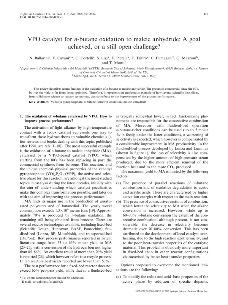 21-VPO Catalyst For N-Butane Oxidation To Maleic Anhydride - A Goal | PDF | Catalysis | Chemical ...