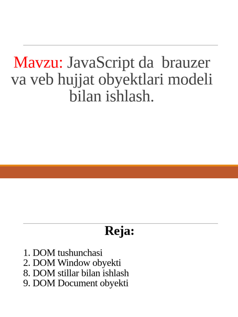 Mavzu:: Javascript Da Brauzer Va Veb Hujjat Obyektlari Modeli Bilan Ishlash | PDF | Document ...