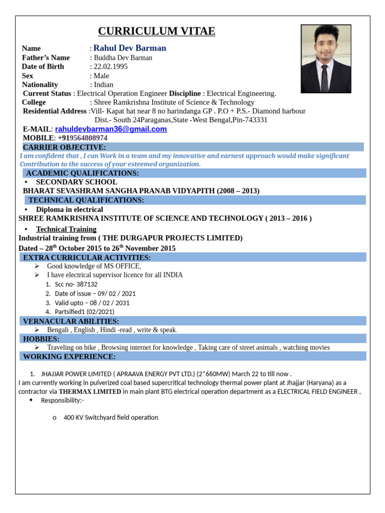Rahul Dev Barman Resume 2023 EE | PDF | Electrical Substation | Energy ...