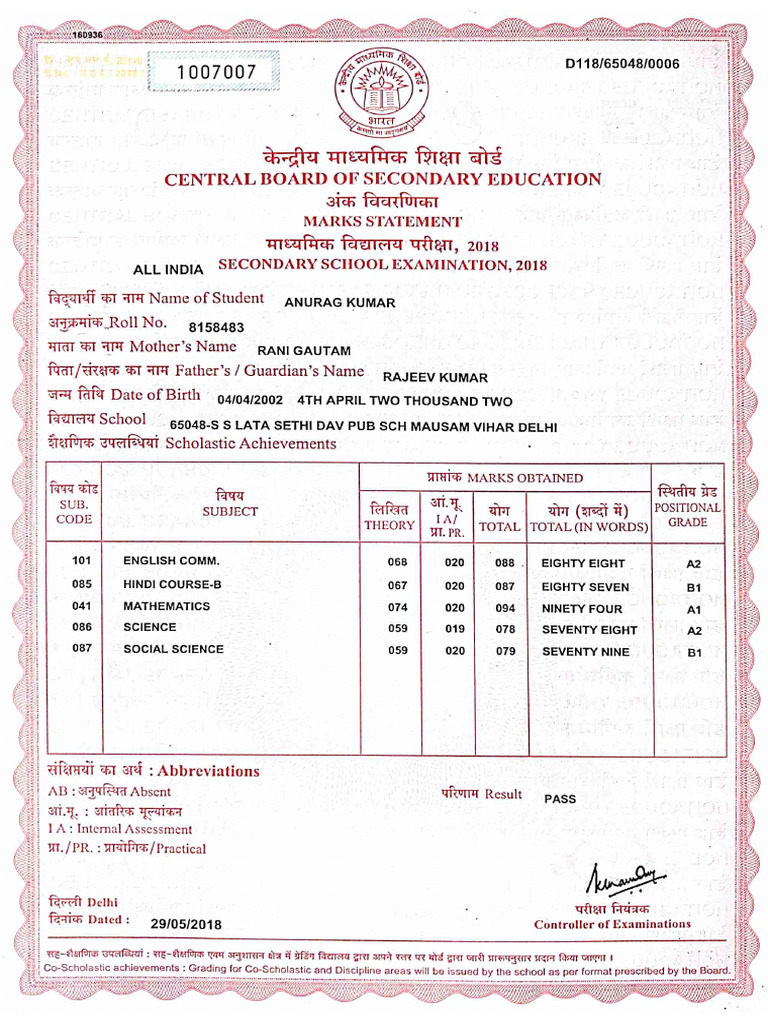 10th Marksheet | PDF