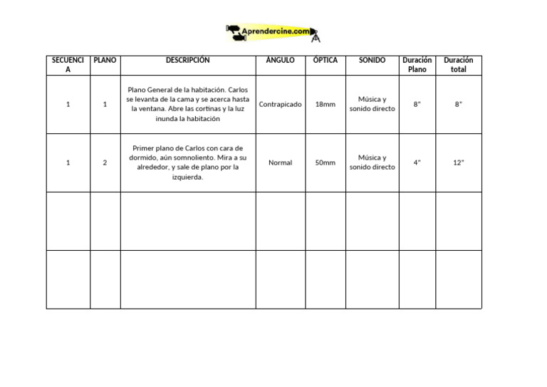 Plantilla Guion Tecnico Audiovisual Aprendercine | PDF