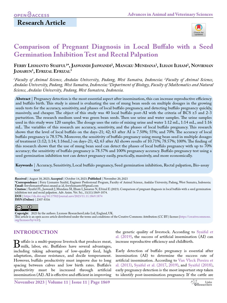 Comparison of Pregnant Diagnosis in Local Buffalo With A Seed ...