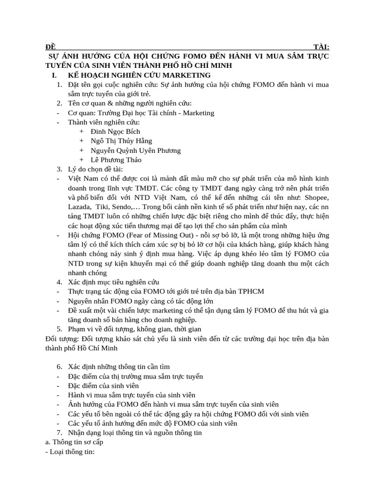 Kế Hoạch Nghiên Cứu Mar - FOMO | PDF