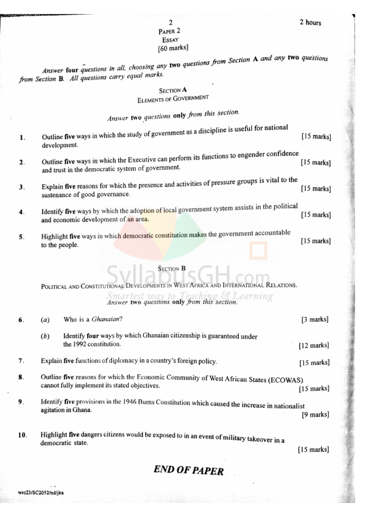 2023 Wassce Government 2 | PDF