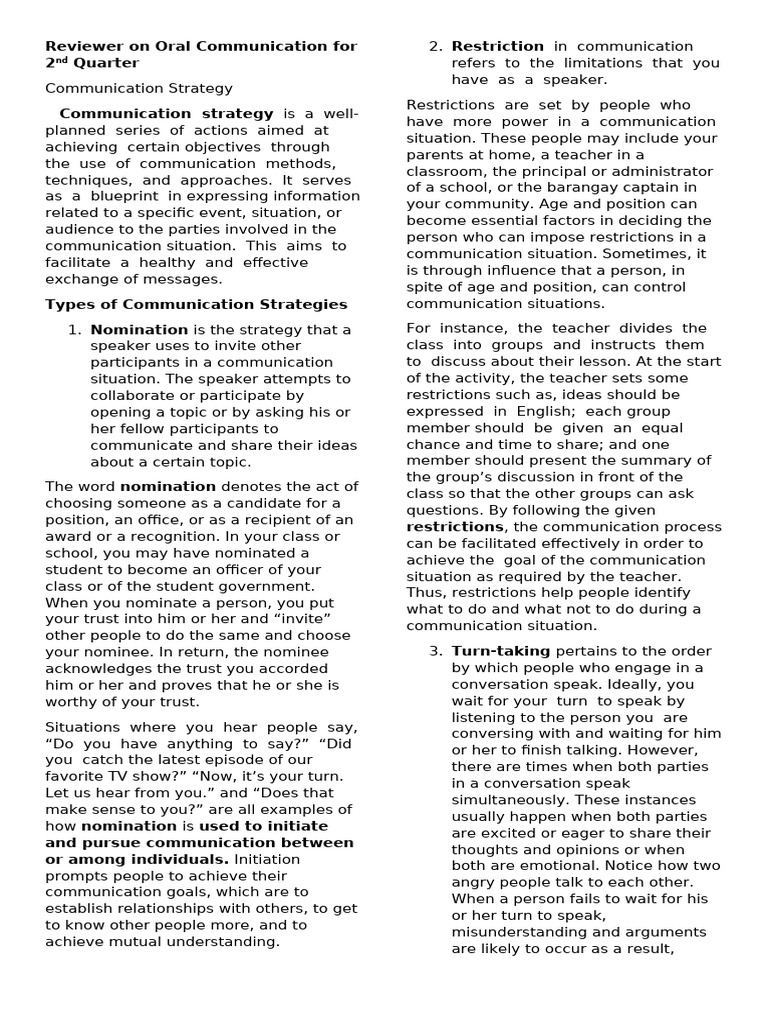 Reviewer On Oral Communication For 2nd Quarter | PDF | Public Speaking ...