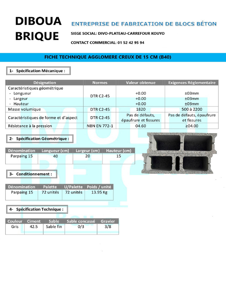 Fiche Technique Agglos 15 Creux | PDF