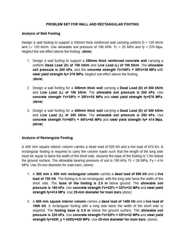 Problem Set For Wall and Rectangular Footing | PDF | Strength Of Materials | Pascal (Unit)