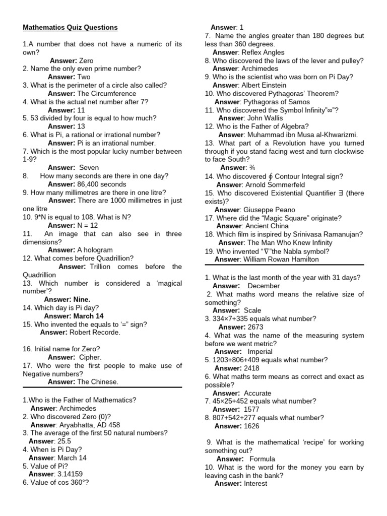 Math Quiz Questions F | PDF | Numbers | Pi