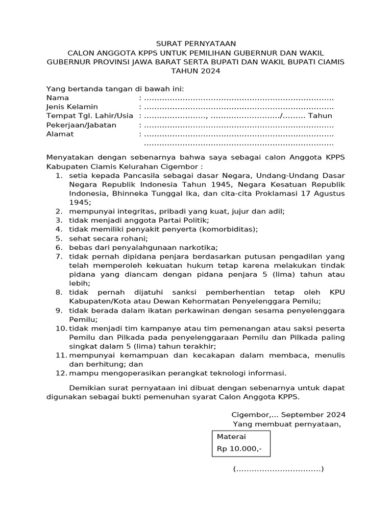 Template - Surat Pernyataan Kpps Pilkada 2024 - Use Kpps | PDF