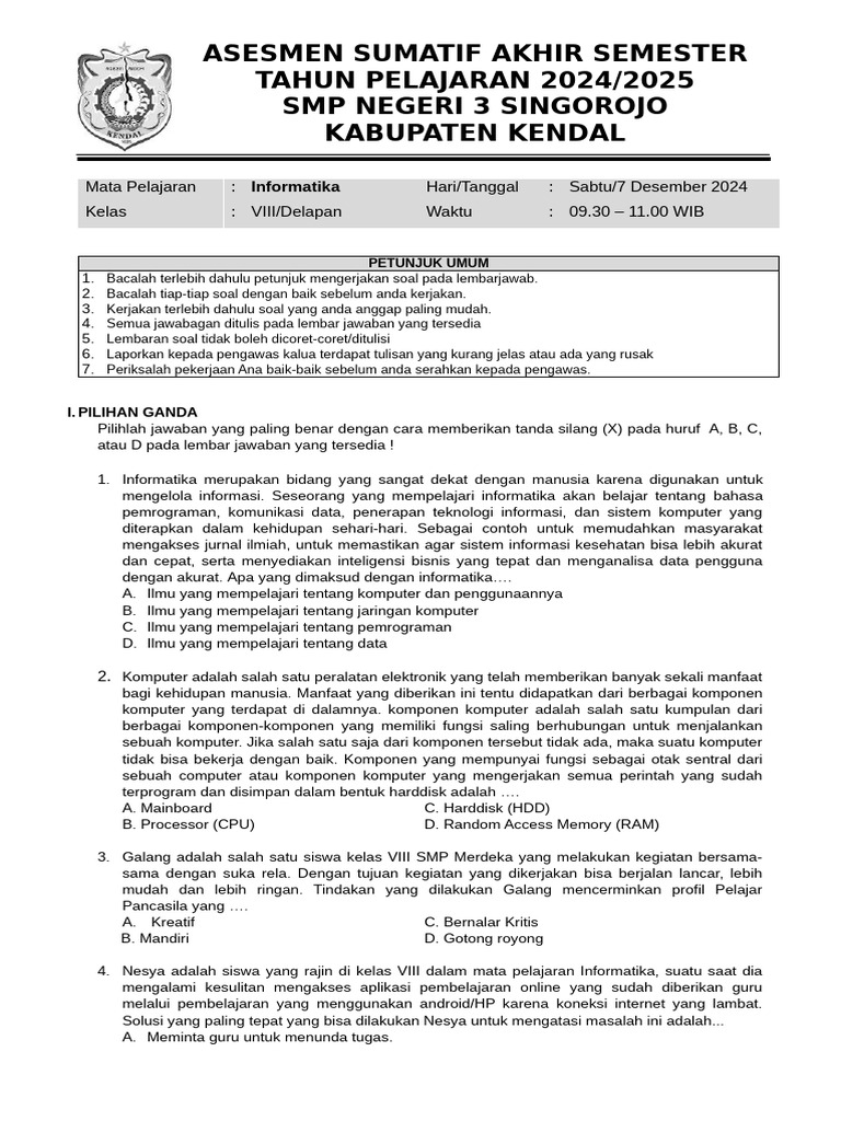 Asesmen Sumatif Akhir Semester Informatika Kelas 8 | PDF
