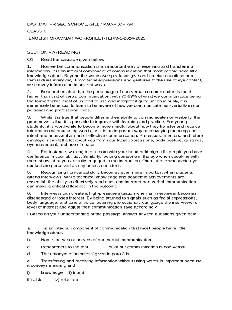 Class 6 English Grammar Term 1 Worksheet 2024 25 | PDF | Nonverbal Communication | Communication