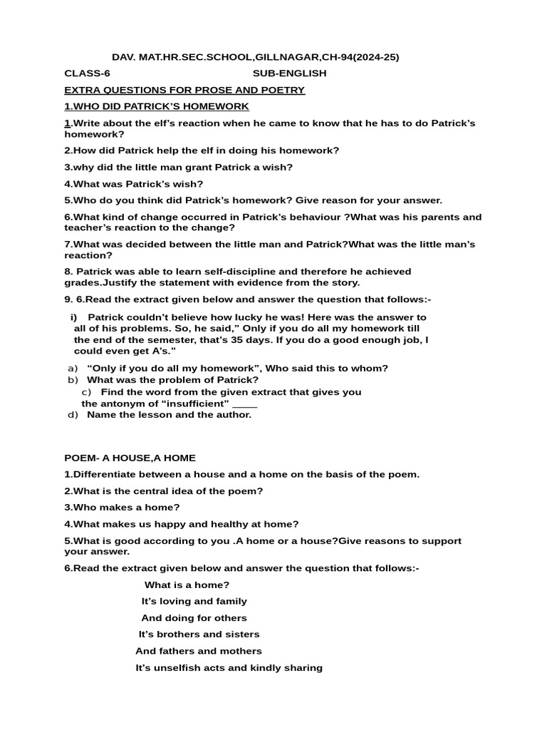 Class 6 English Prose and Poetry Worksheet 2024 25 | PDF