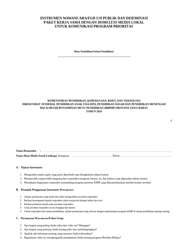 Instrumen FGD Uji Publik Homeless - GC 121024 | PDF