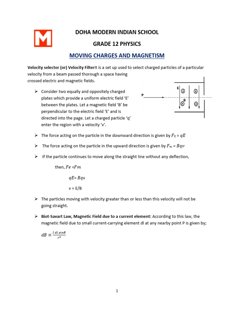 School Data DMIS Assignment 100497 Moving Charges and Magnetism Notes 2 ...