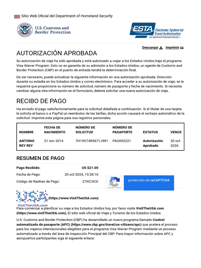 Official ESTA Application Website, U.S. Customs and Border Protection | PDF