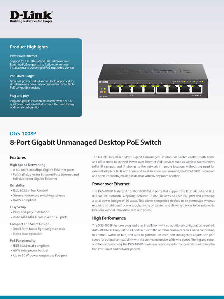 DGS 1008P F1 Datasheet EN EU | PDF | Network Switch | Network Protocols