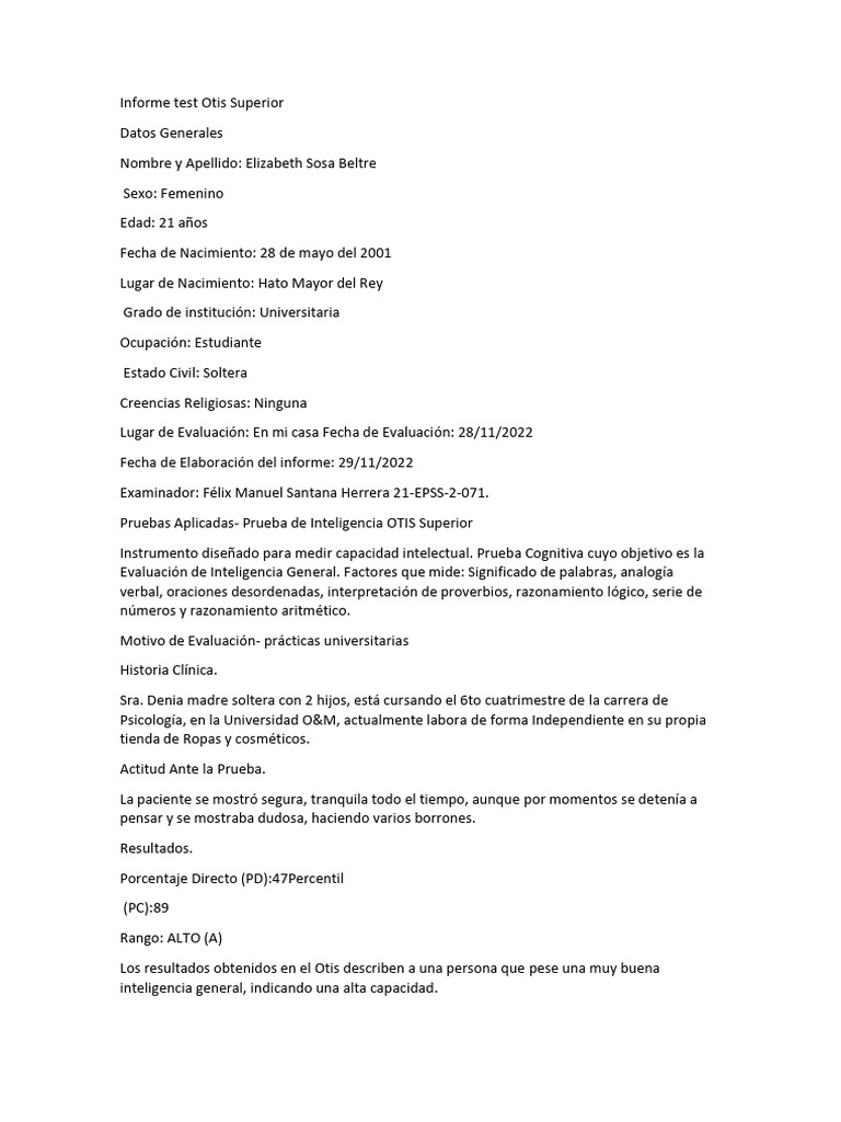 Informe Test Otis Superior | PDF