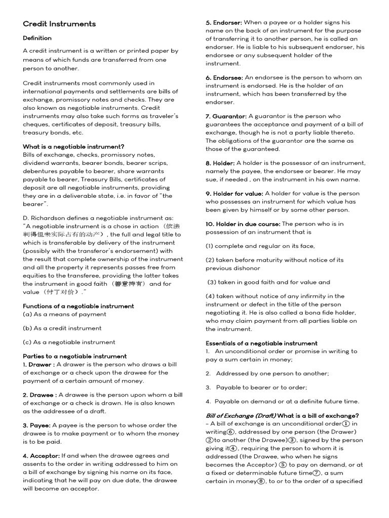 Credit Instruments | PDF | Negotiable Instrument | Cheque