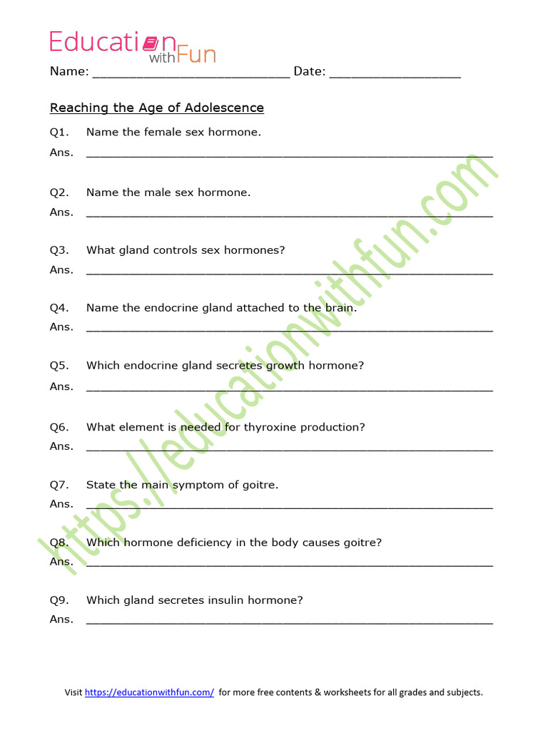 Reaching The Age of Adolescence Worksheet 3 | PDF