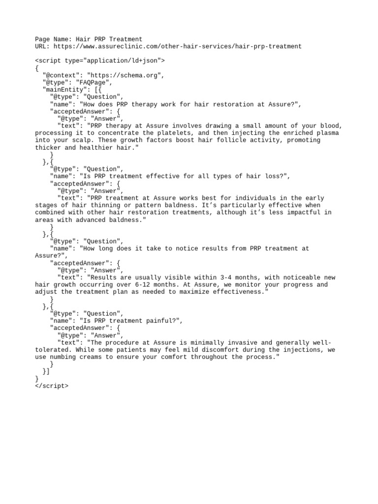 FAQ Schema - Assure Clinic (Hair PRP Treatment Page) | PDF