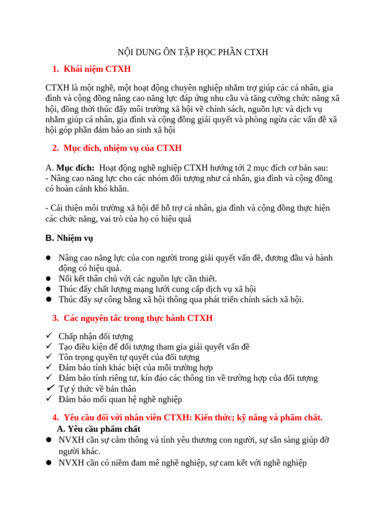 NỘI DUNG ÔN TẬP HỌC PHẦN CTXH | PDF