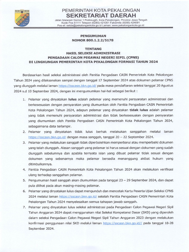 Pengumuman Hasil Seleksi Administrasi Pengadaan CPNS Pemkot Pekalongan Formasi Tahun 2024 | PDF