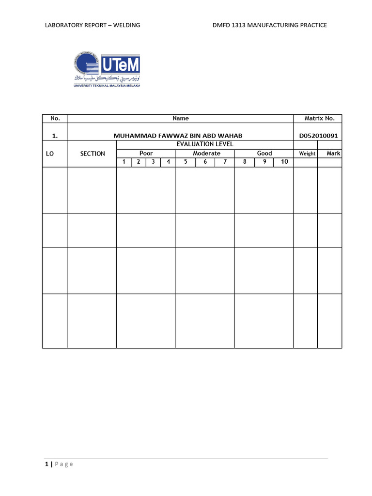 Welding Lab Report - DMFD 1313 | PDF | Welding | Construction