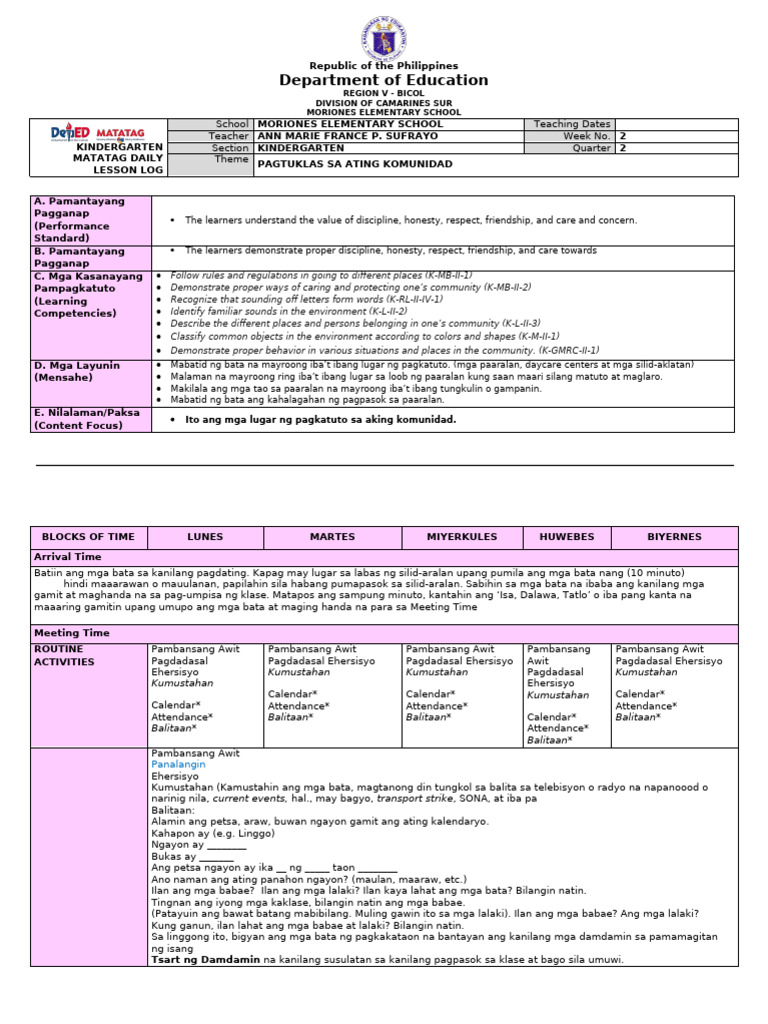 Q2-Week 2 Kinder-MATATAG-DLL | PDF