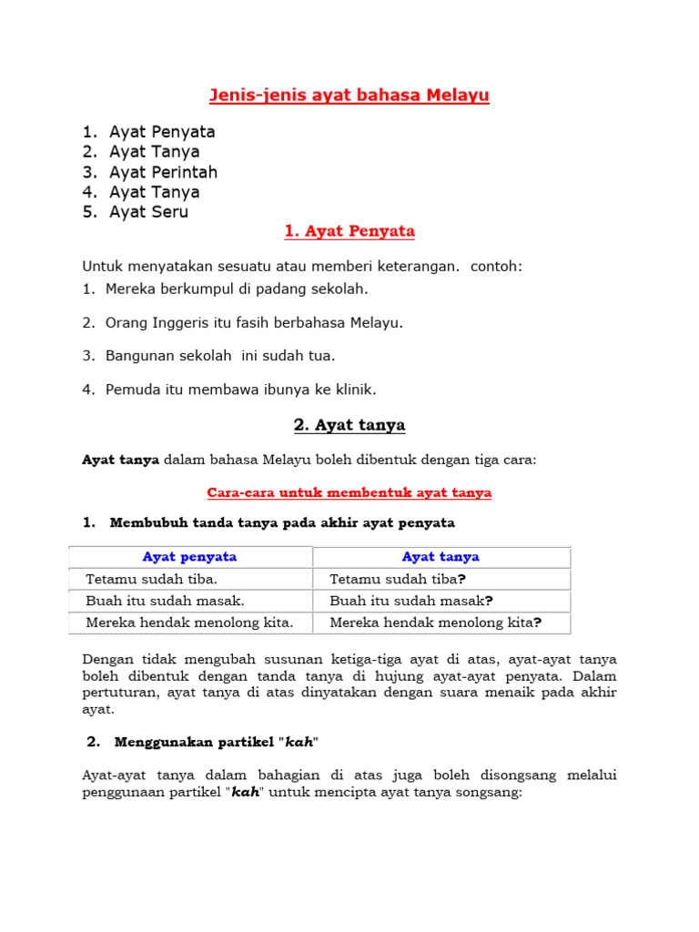 Panduan Jenis Ayat Bahasa Melayu | PDF