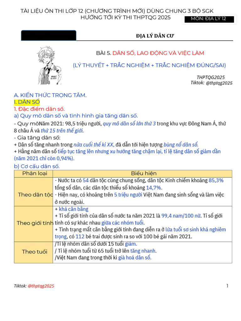 (DL12) - BÀI 5. DÂN SỐ, LAO ĐỘNG VÀ VIỆC LÀM (Có Đáp Án Chuẩn) - Tiktok@thptqg2025 PDF | PDF