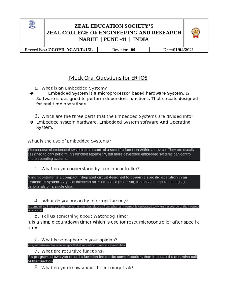 Mock Oral Questions For ERTOS | PDF | Embedded System | Operating System
