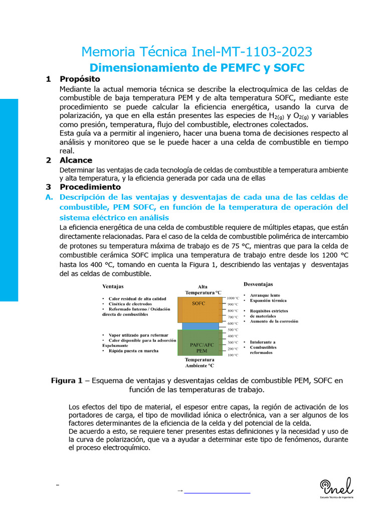 Memoria Técnica Inel-MT-1103-2023: Dimensionamiento de PEMFC y SOFC | PDF | Celda de combustible ...