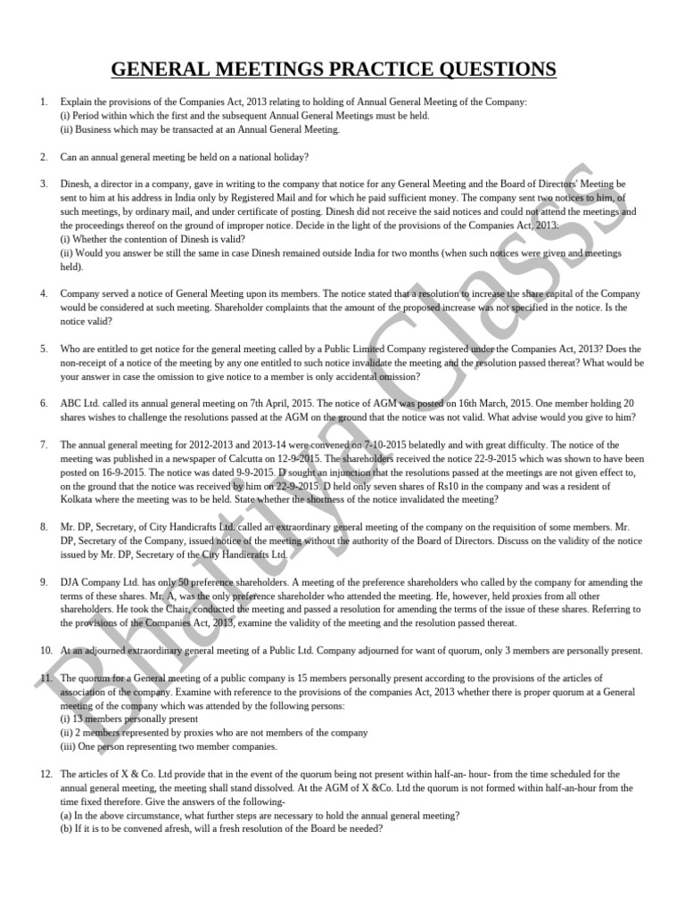 General Meetings Practice Questions | PDF | Quorum | Justice