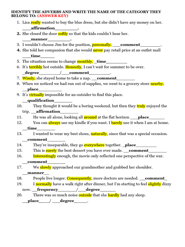 Adverbs Activity Answer Key | PDF