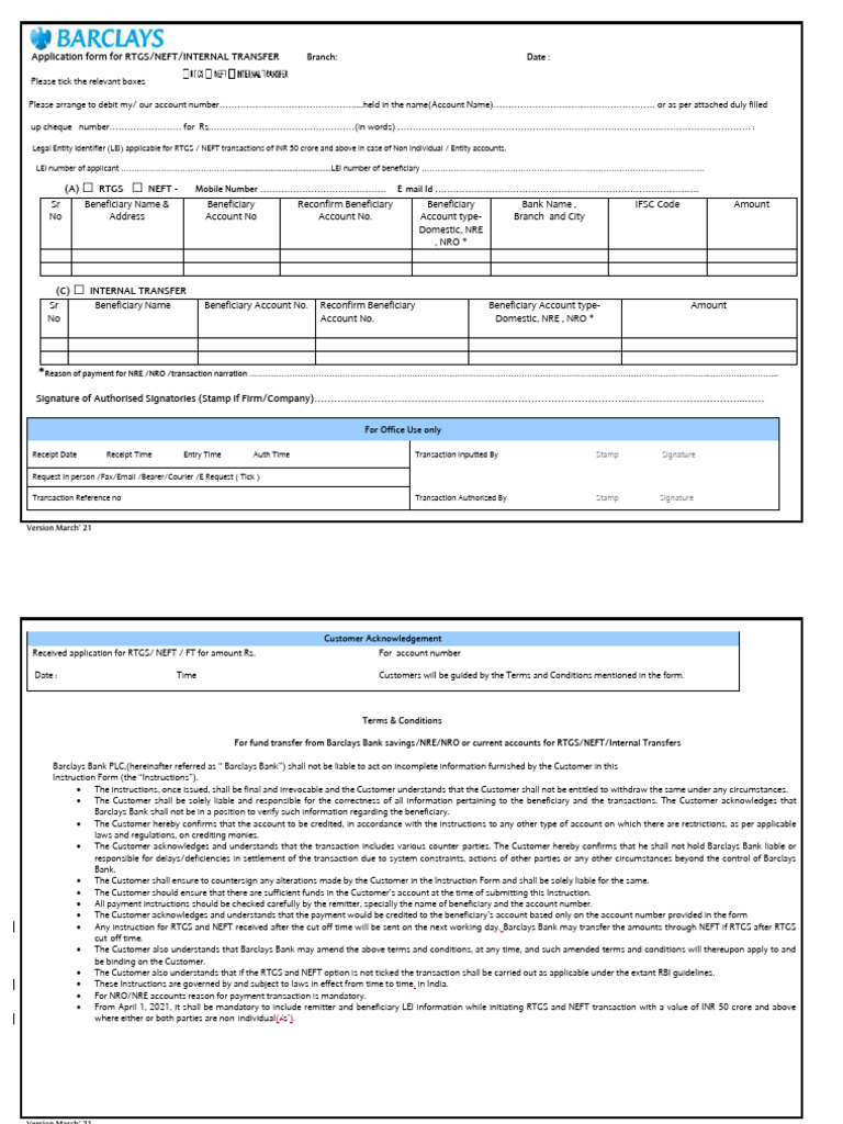 RTGS NEFT Fund Transfer Application Form | PDF | Personal Finance ...