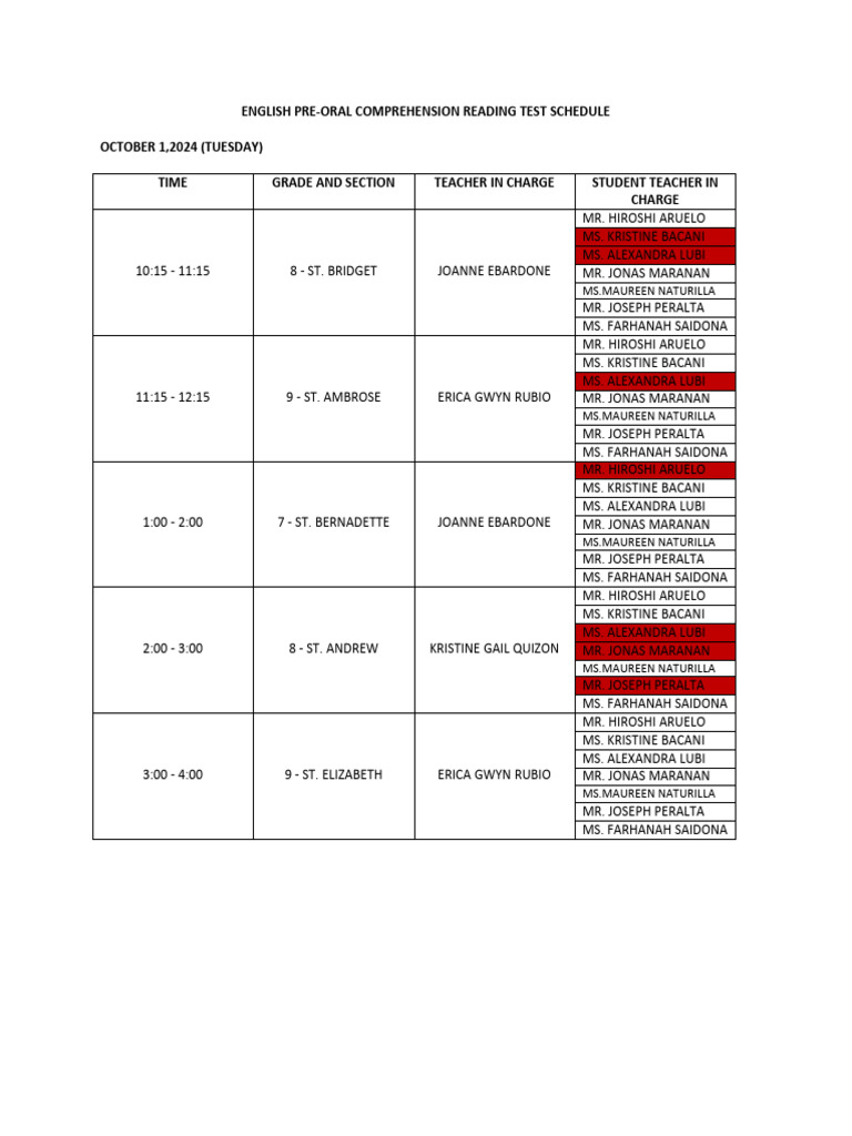 English Pre Oral Comprehension Reading Test Schedule | PDF