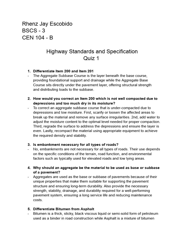 Highway Standards Quiz: Key Concepts Explained | PDF | Road Surface | Road