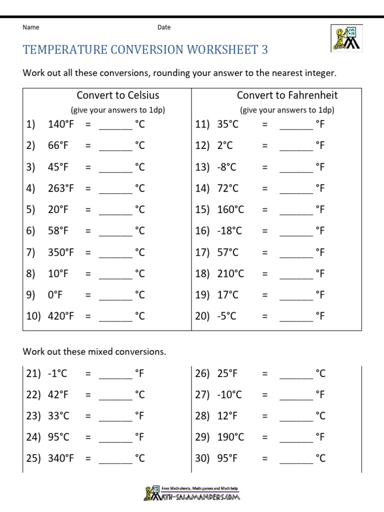 Temperature Conversion Worksheet 3 | PDF | Fahrenheit | Meteorology