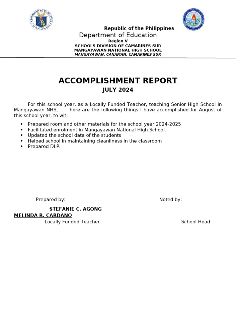 Accomplishment Report August 2024 - Stef | PDF | Teachers | Classroom ...