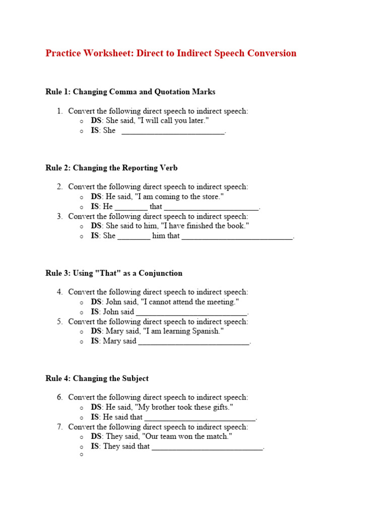 Practice Worksheet: Direct To Indirect Speech Conversion: Rule 1 ...